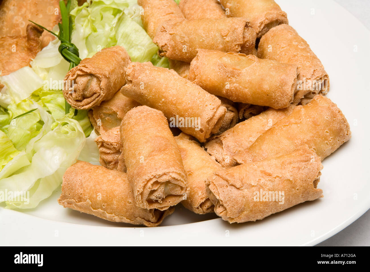 food plate of deep fried spring rolls with salad garnish Stock Photo ...