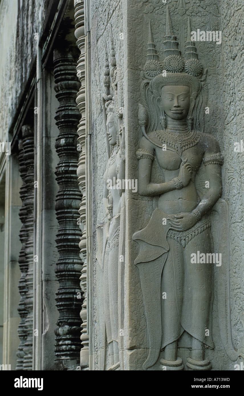Cambodia Angkor Wat Detail of aspara heavenly nymph bas relief in stone ...