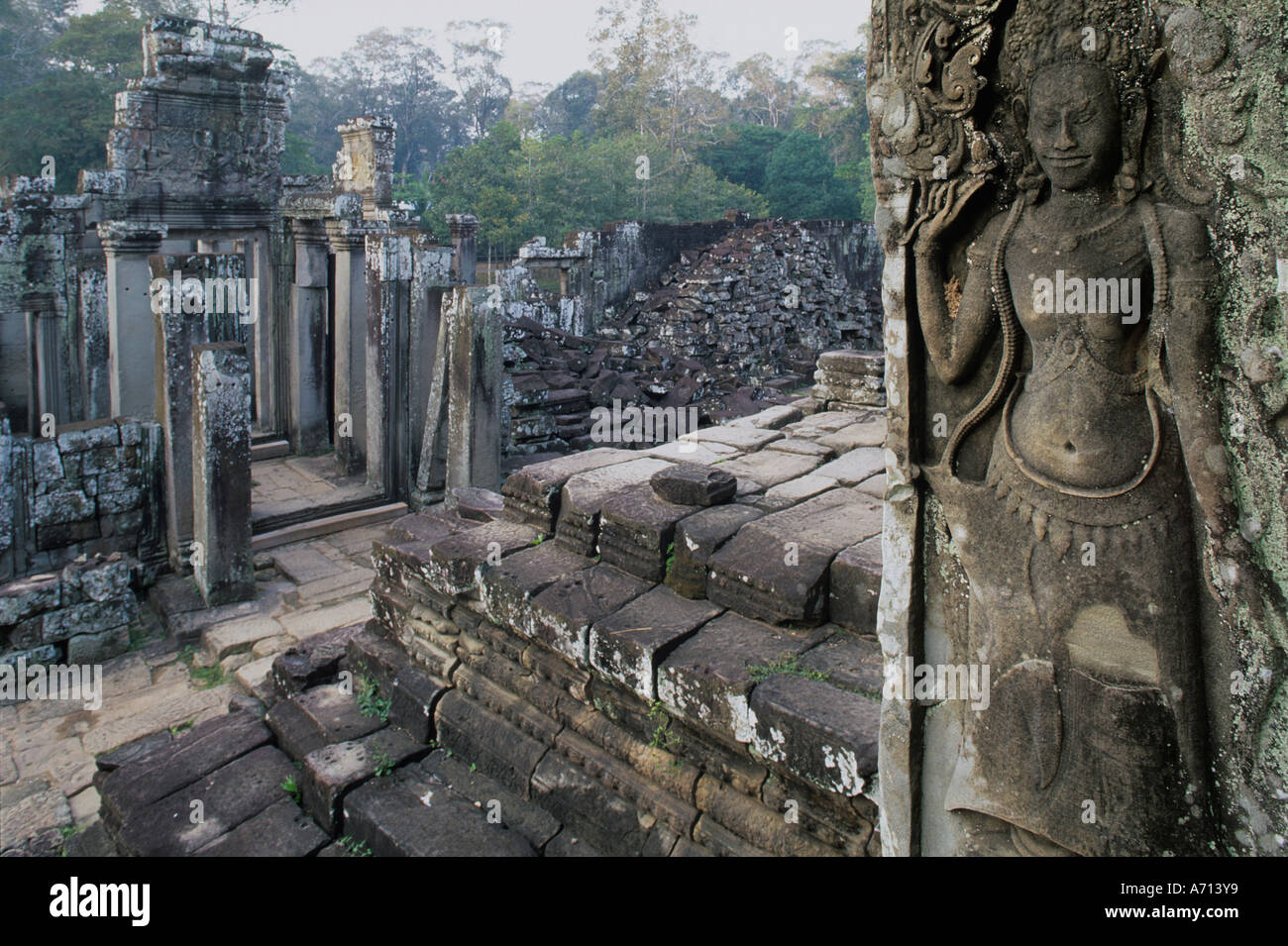Cambodia Angkor Wat Bas relief carvings in stone walls of The Bayon at ...