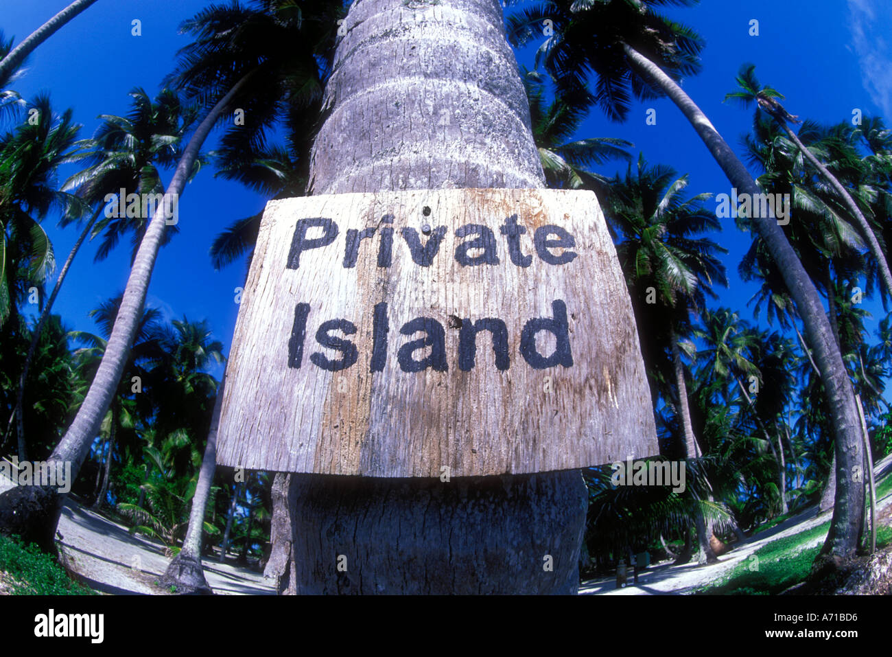 Private Island sign on palm tree in Belize Central America Caribbean ...