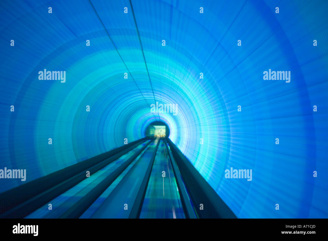 Asia China Shanghai Blurred lights along light rail train tracks inside ...