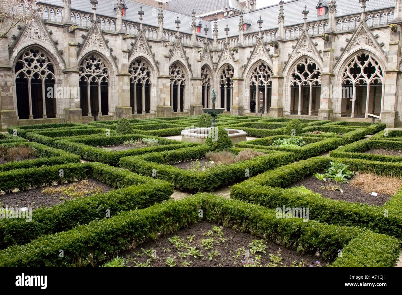 Gothic Pandhof courtyard and small garden of Dom Church in Utrecht ...