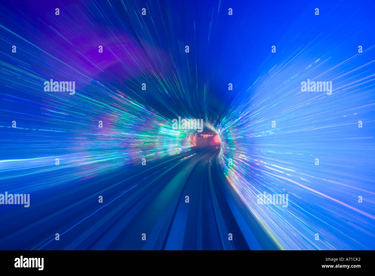 Asia China Shanghai Blurred lights along light rail train tracks inside ...