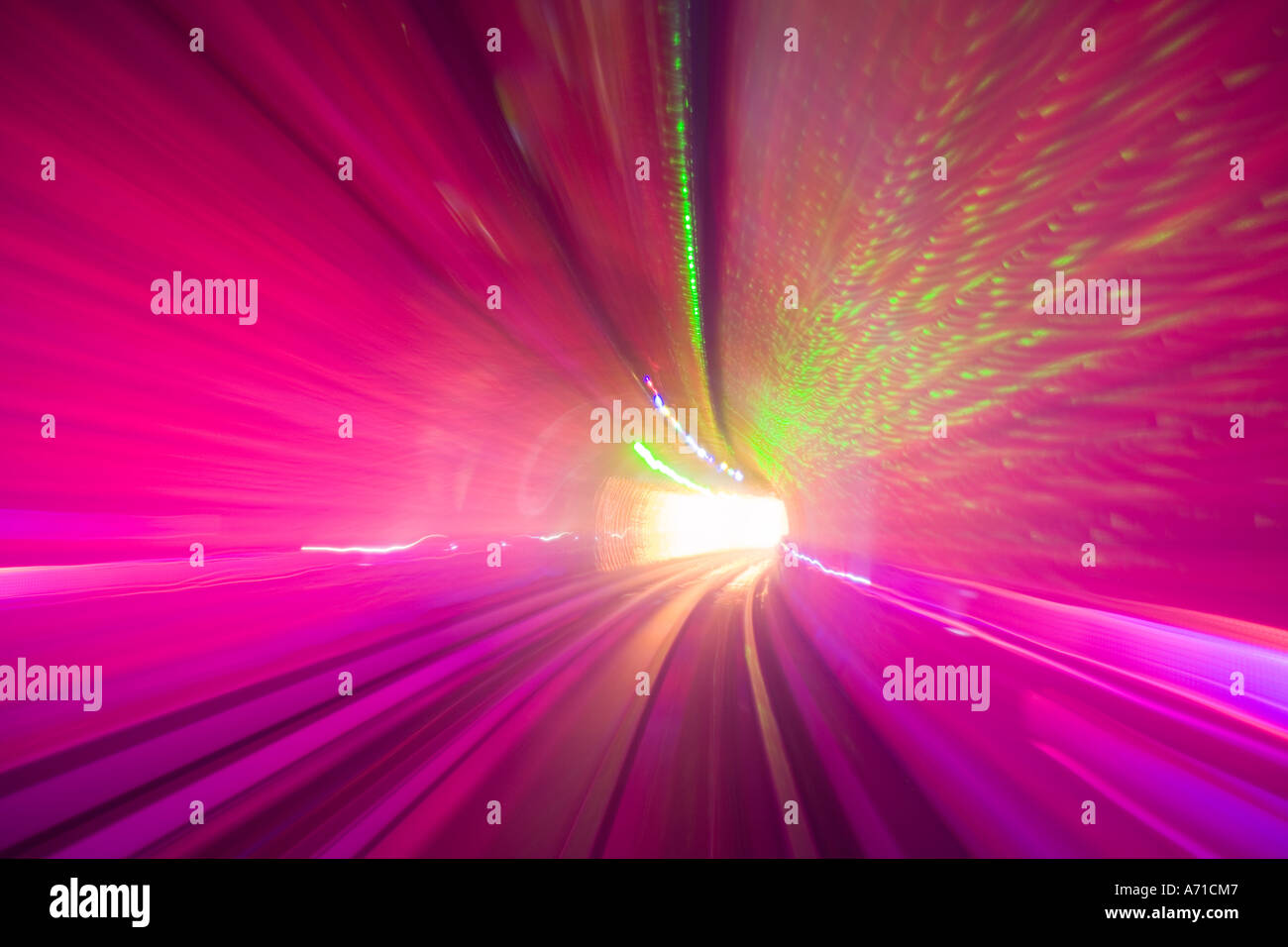 Asia China Shanghai Blurred lights along light rail train tracks inside ...