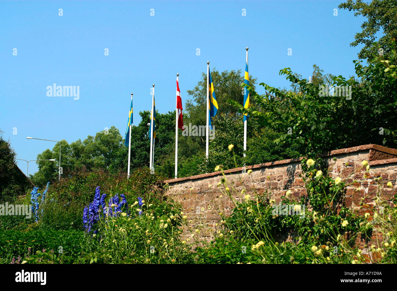 Swedish and Danish flags at Sofiero Castle in Helsingborg. Scania ...