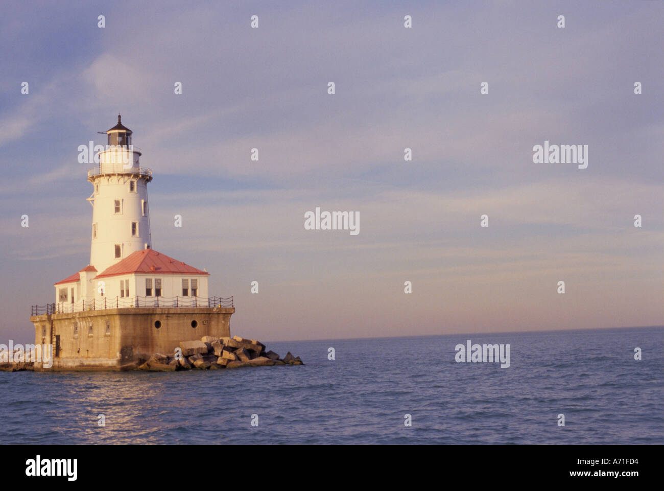 Chicago Harbor Lighthouse offshore from Navy Pier Park in Chicago IL ...