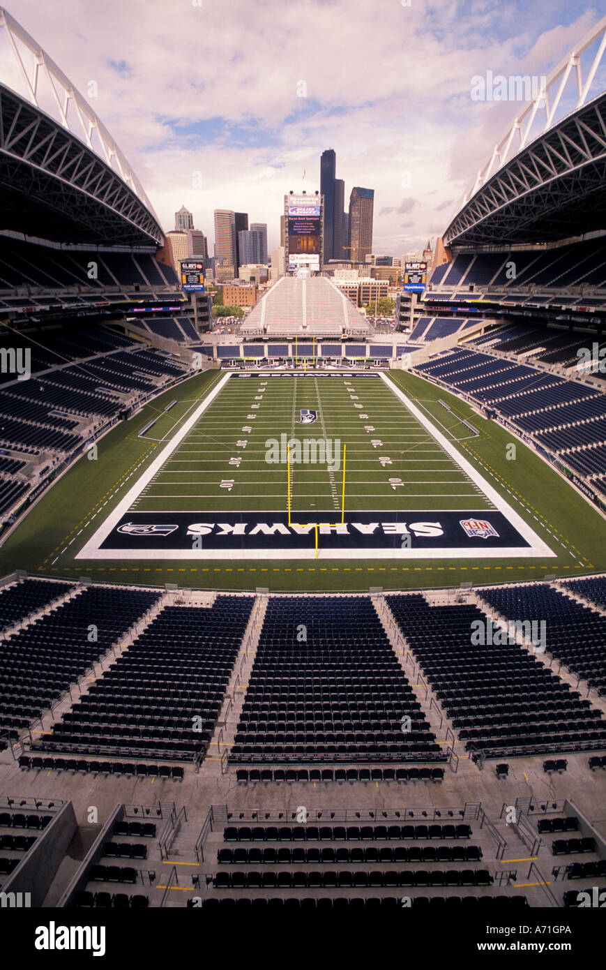 A view from behind the southe end zone shows the view of downtown ...