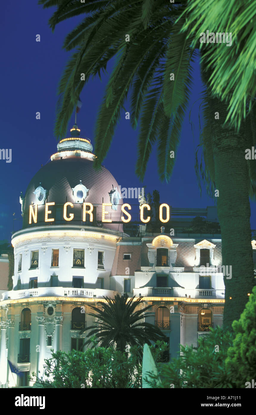 France, Cote d'Azur, Nice, French Riviera. Evening view of the Negresco ...