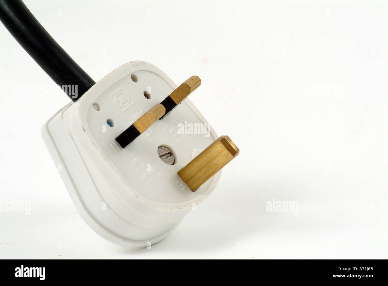UK 3 pin mains plug on a white background with thick black flex Stock ...