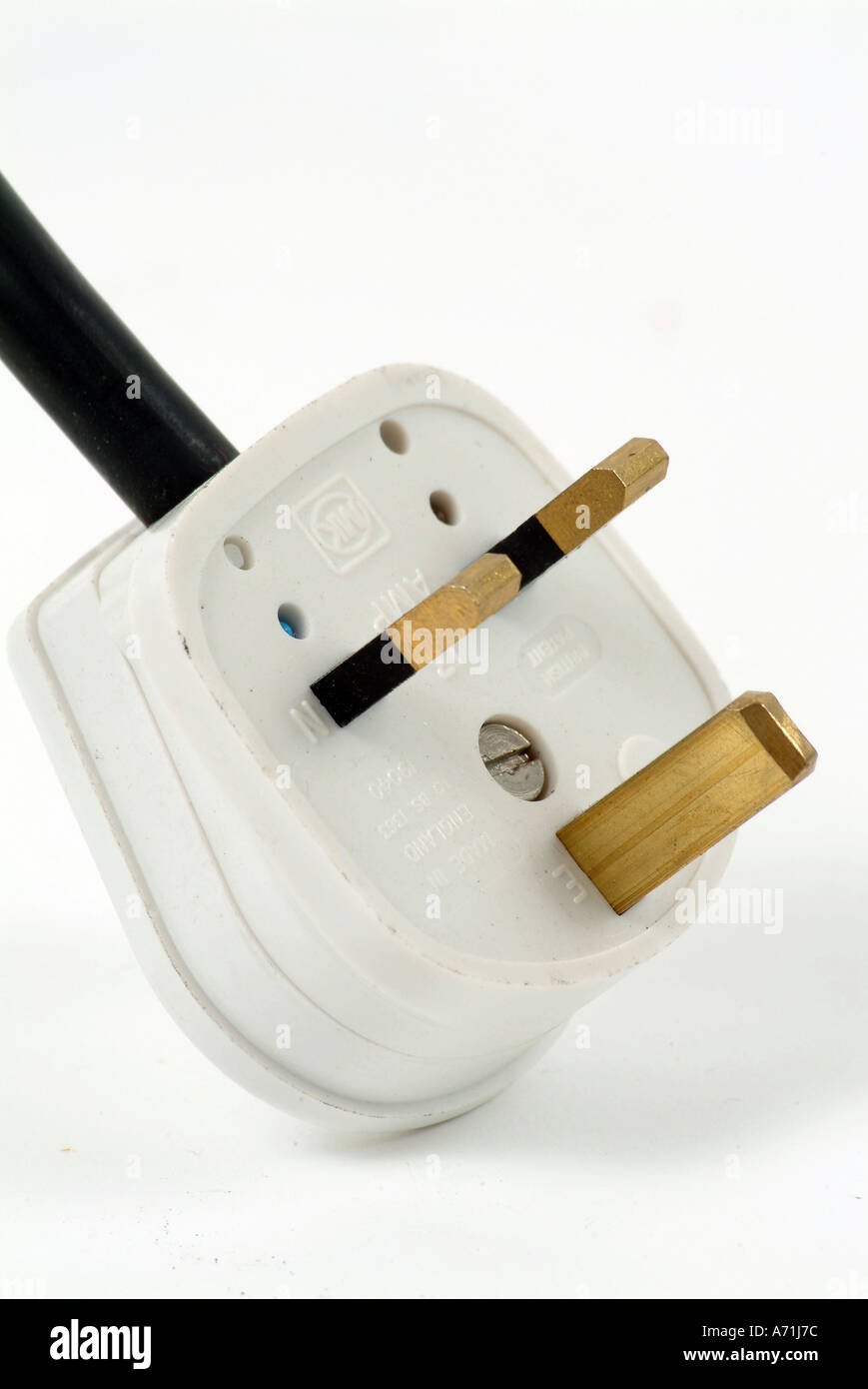 UK 3 pin mains plug on a white background with thick black flex Stock ...