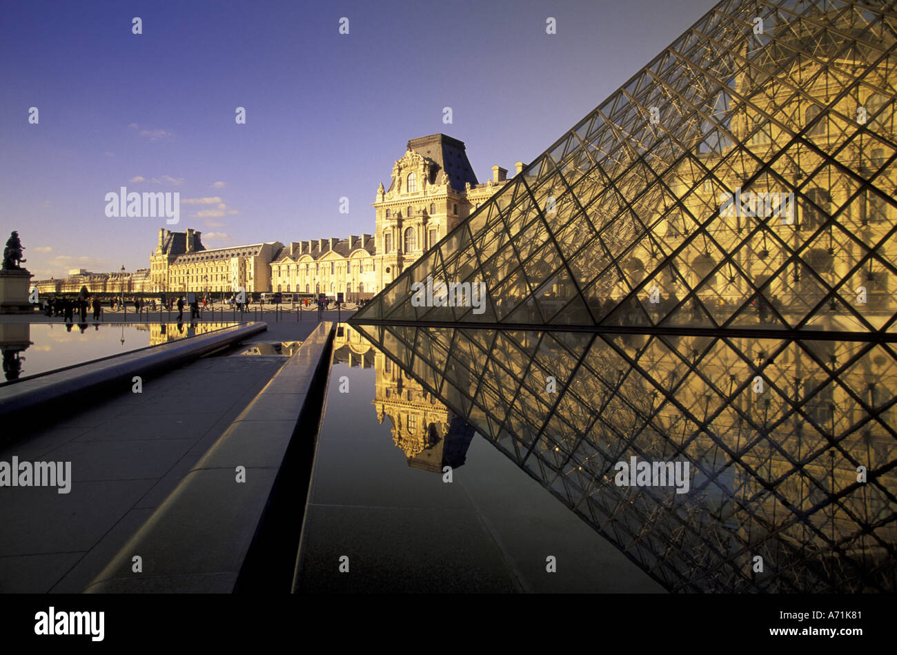 Europe, France, Paris. Le Louvre and glass pyramid with reflections in ...