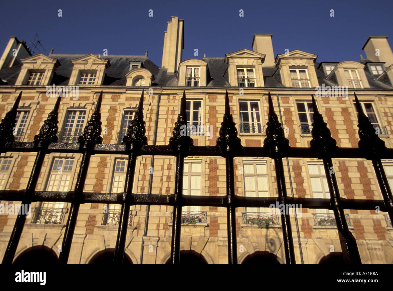 Europe, France, Paris. Place des Vosges (3rd Arr.) building detail and ...