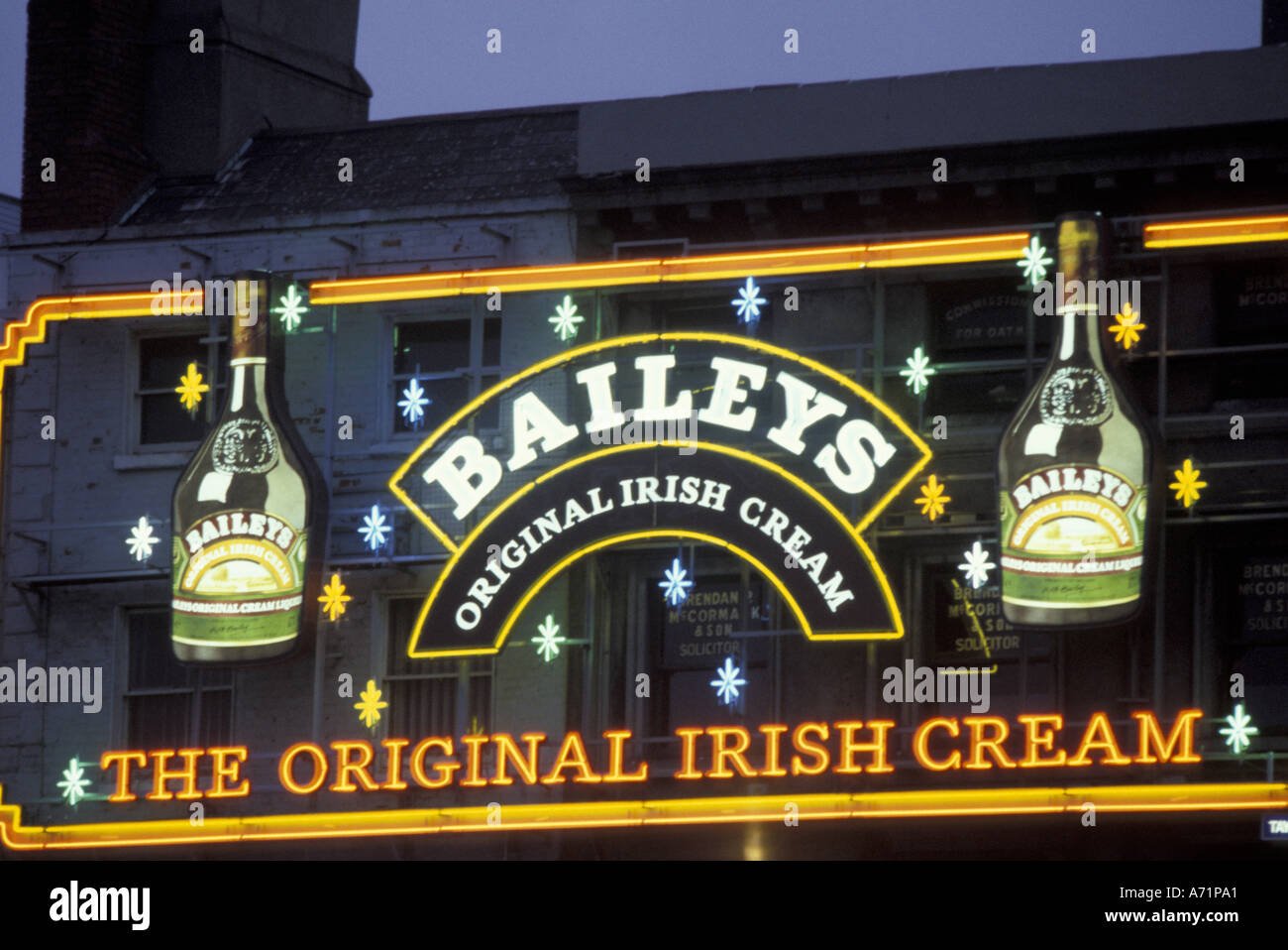 Ireland, Dublin. Neon advertising sign for Bailey's Irish Cream liquor ...