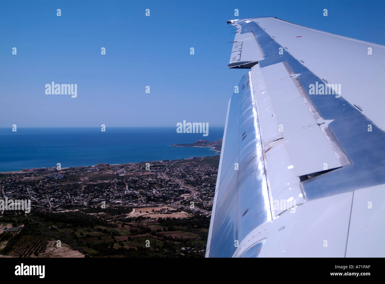 Wing of a plane in the blue sky Stock Photo - Alamy