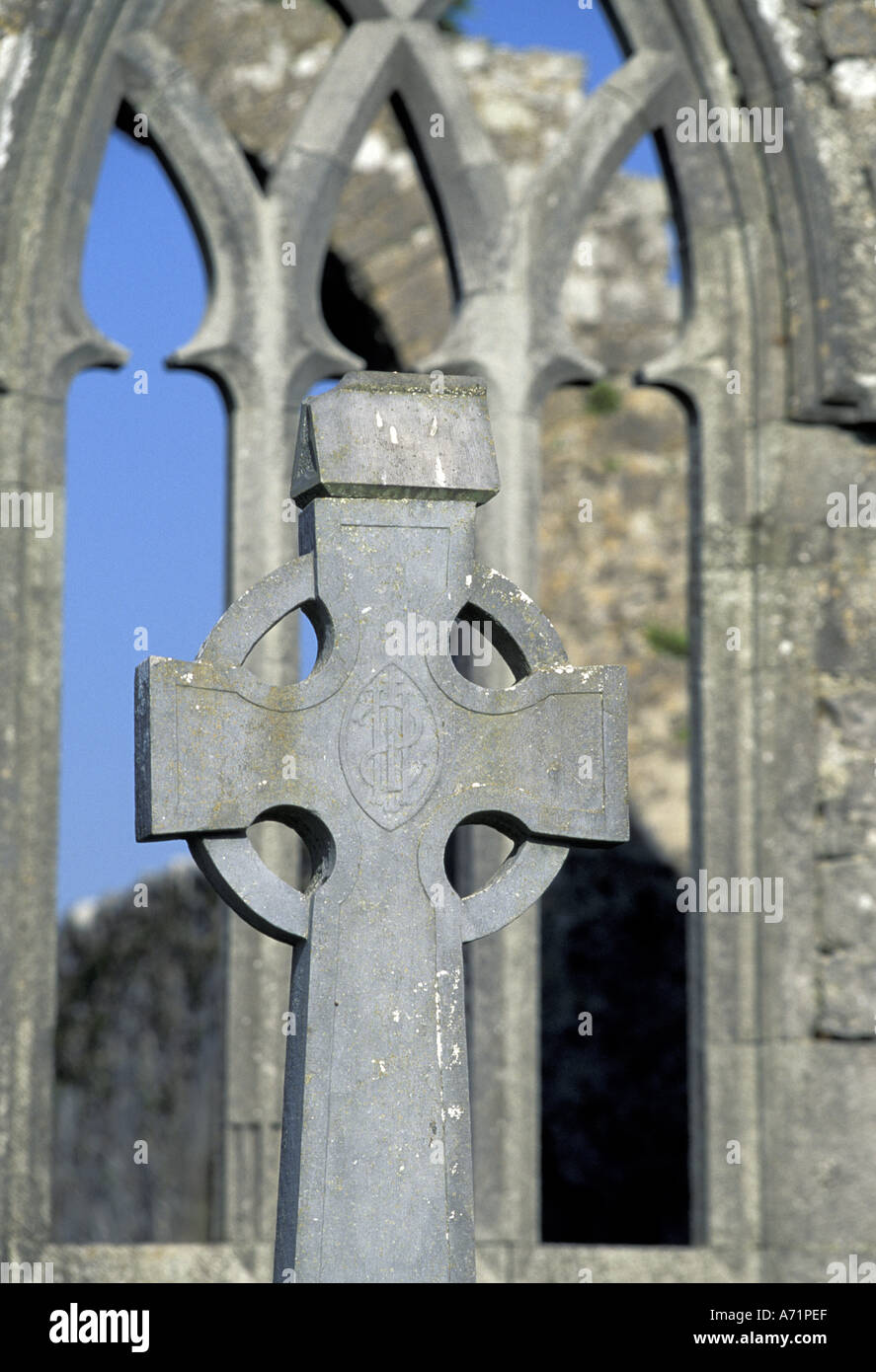 Europe, Ireland, County Clare. Quin Abbey, Stone Celtic cross Stock ...