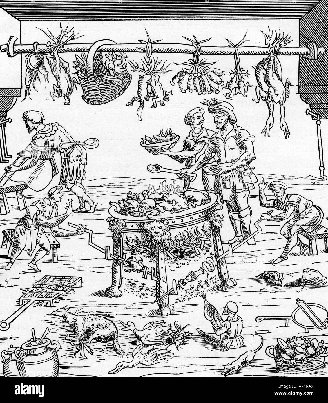 gastronomy, kitchen, cook & kitchen helpers working, woodcut, "Scuola ...