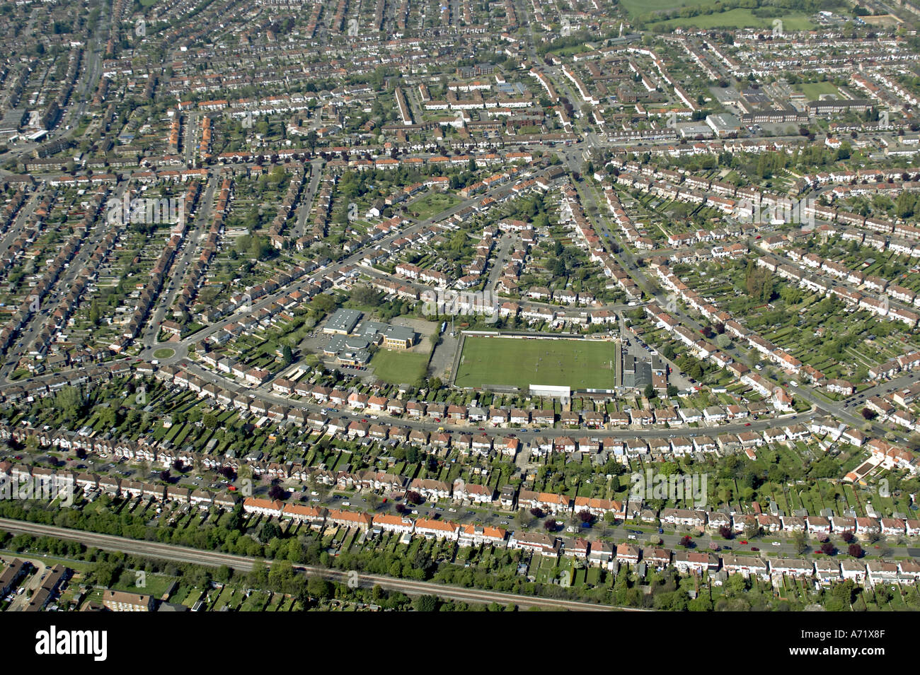 Aerial high level oblique view of houses and suburbs of South Harrow ...