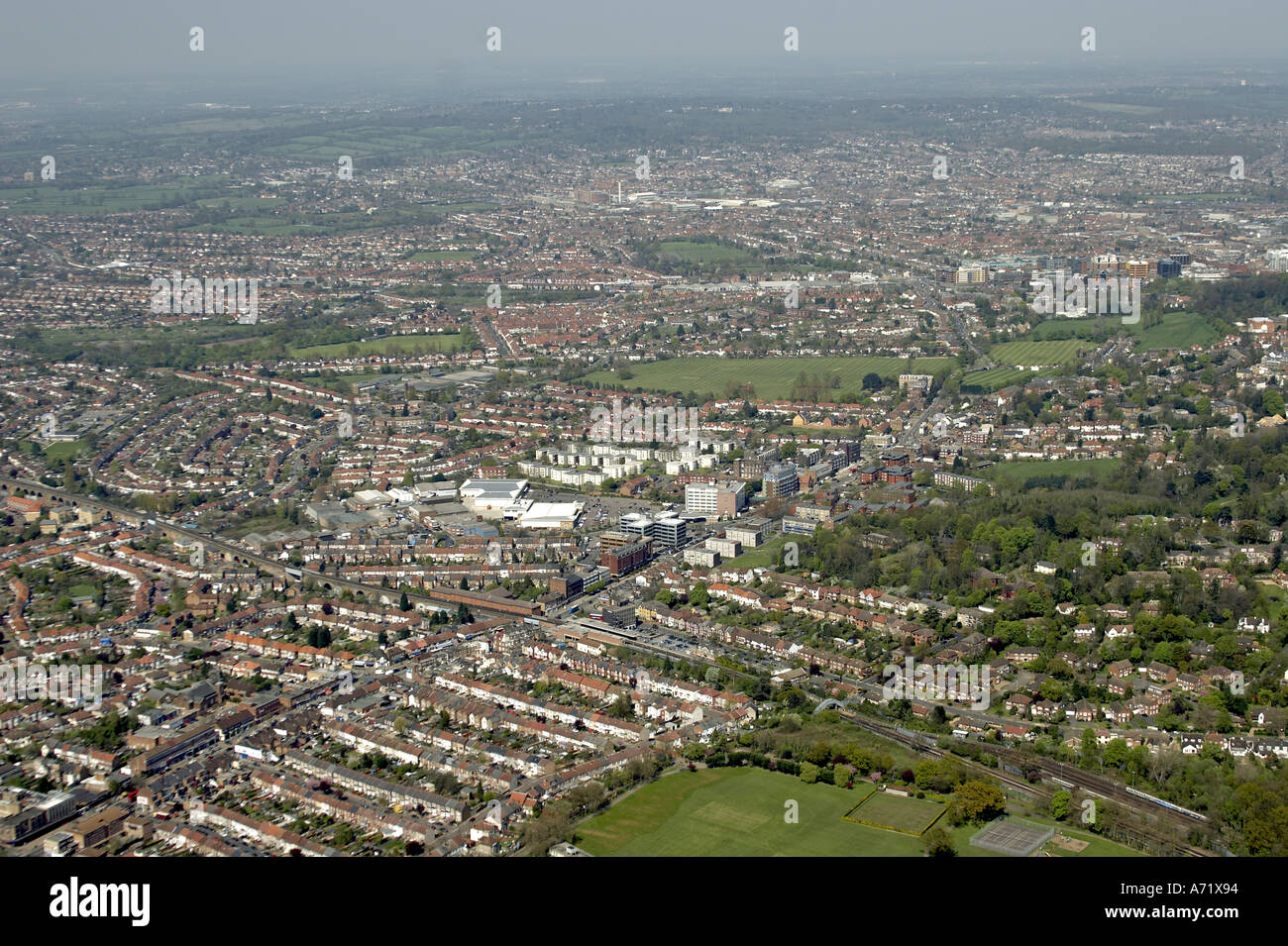 Aerial high level oblique view north of Roxeth and South Harrow London ...