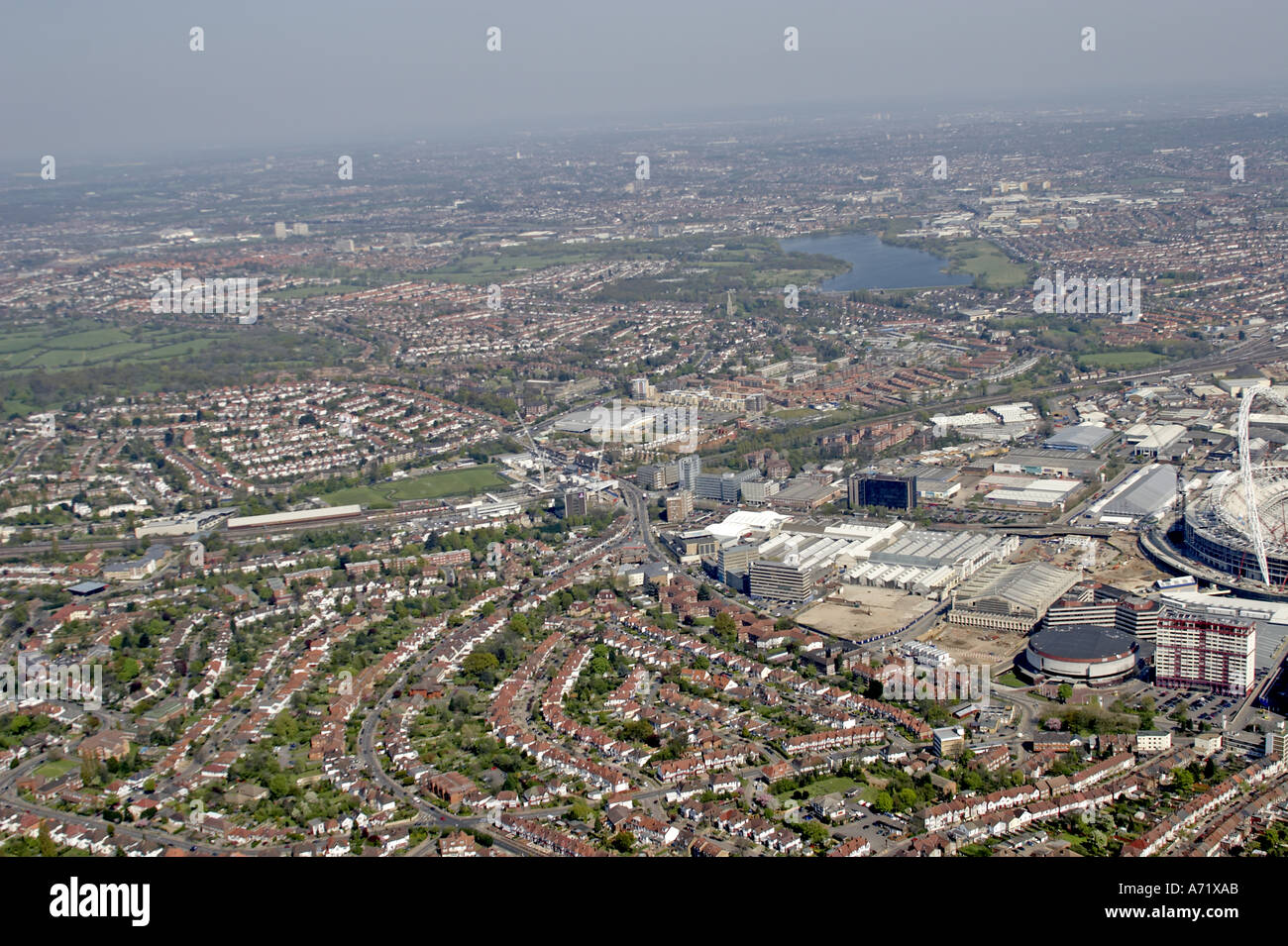 Aerial high level oblique view of Central Wembley London HA9 England ...