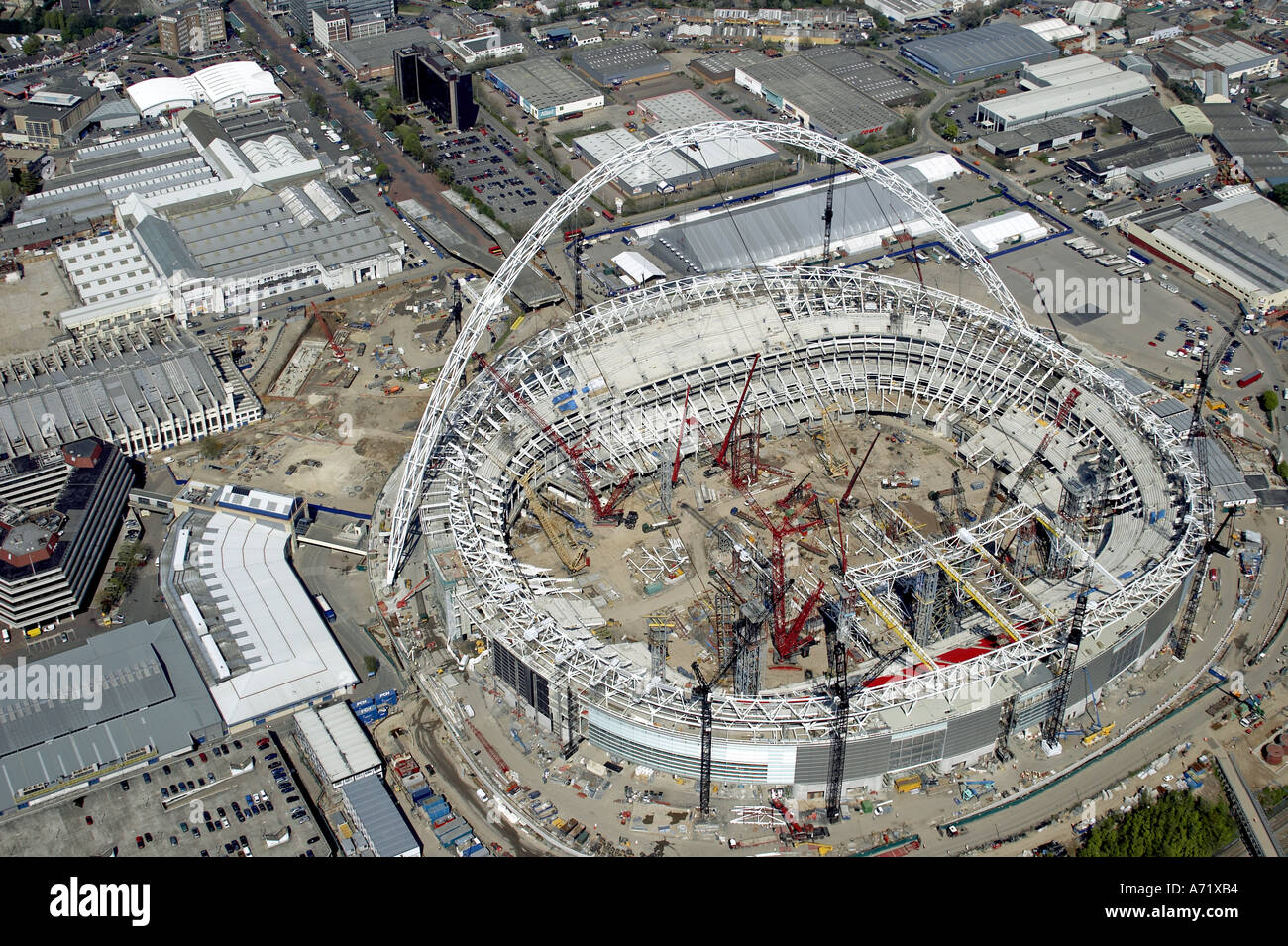 Aerial high level oblique view north east of new Wembley Stadium under ...