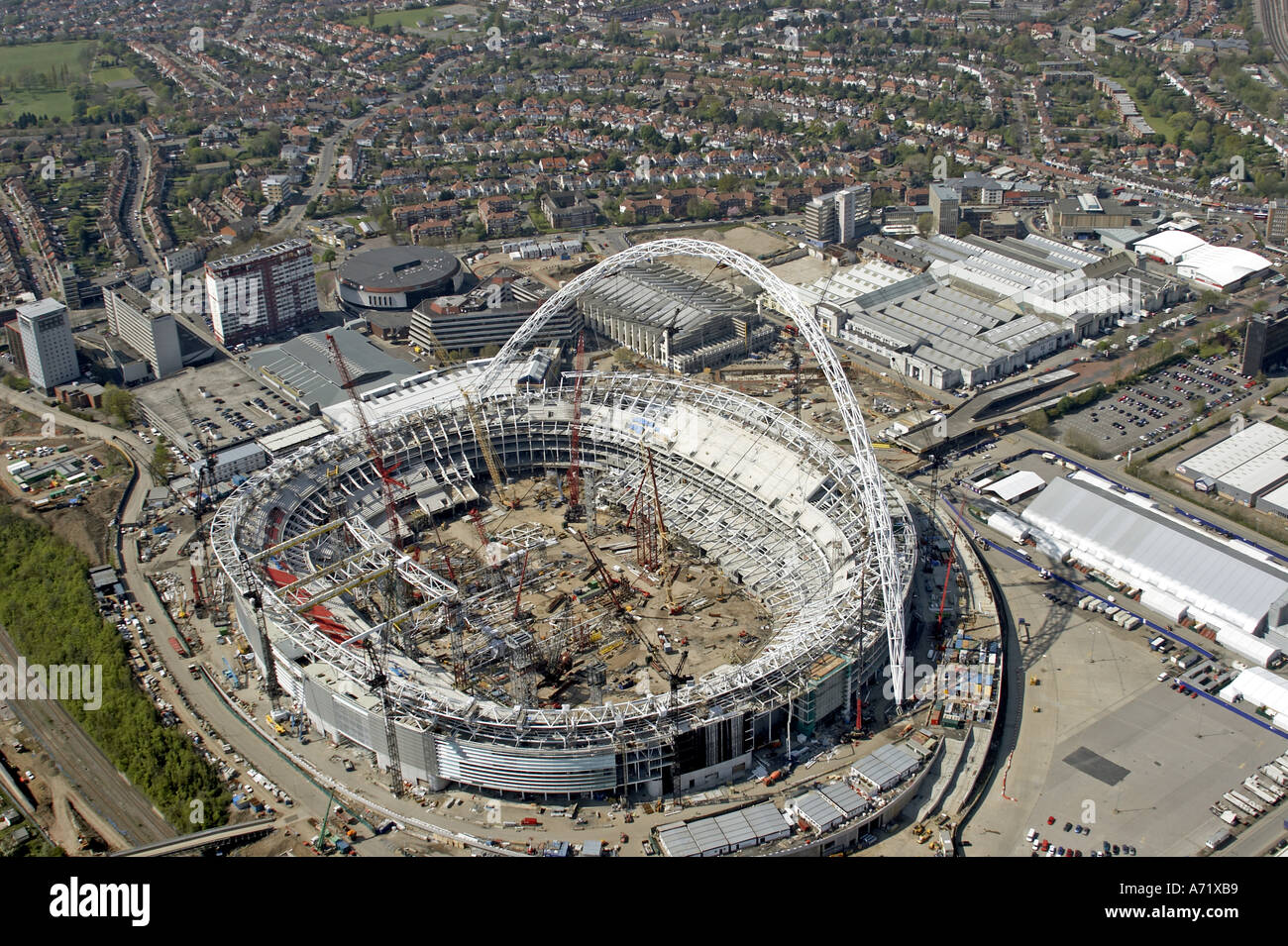 Aerial high level oblique view north west of new Wembley Stadium under ...