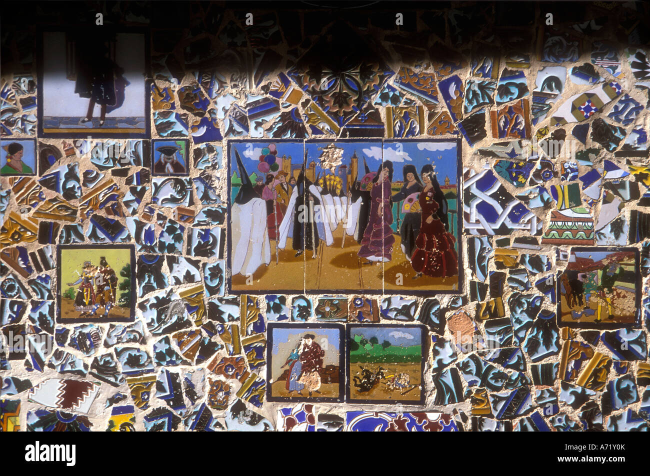Mosaic design in ceramic tiles showing Easter celebrations on wall of ...