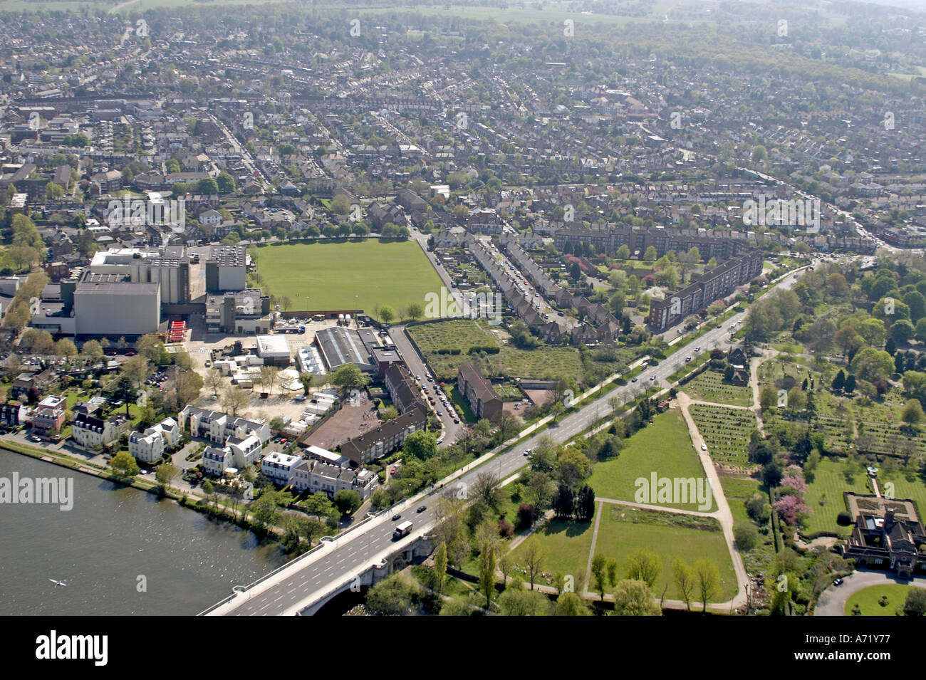 Aerial high level oblique view south of Chiswick Bridge with River ... Aerial high level oblique view south of Chiswick Bridge with River ...