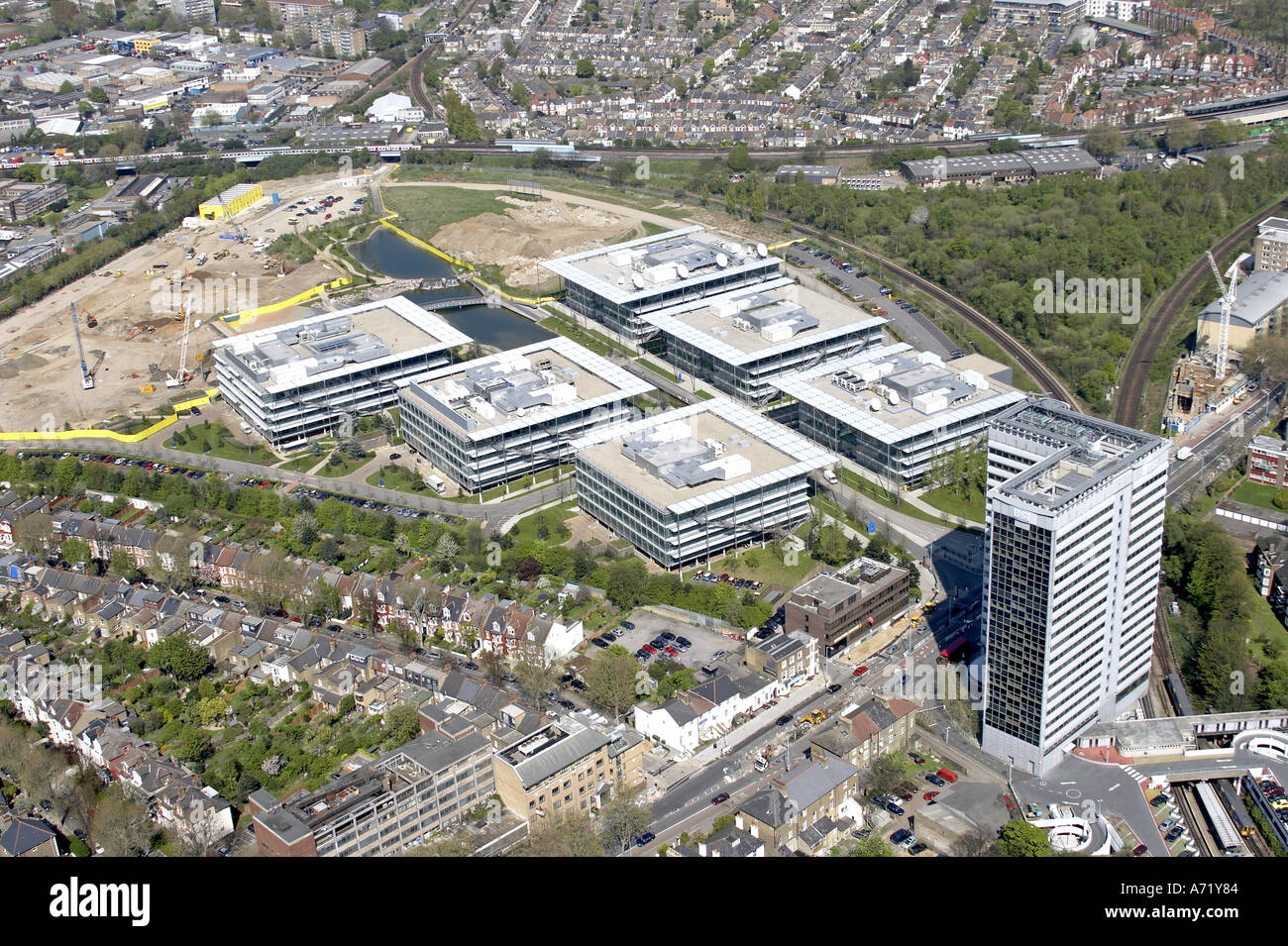 Aerial high level oblique view north east of Chiswick Park Office ...