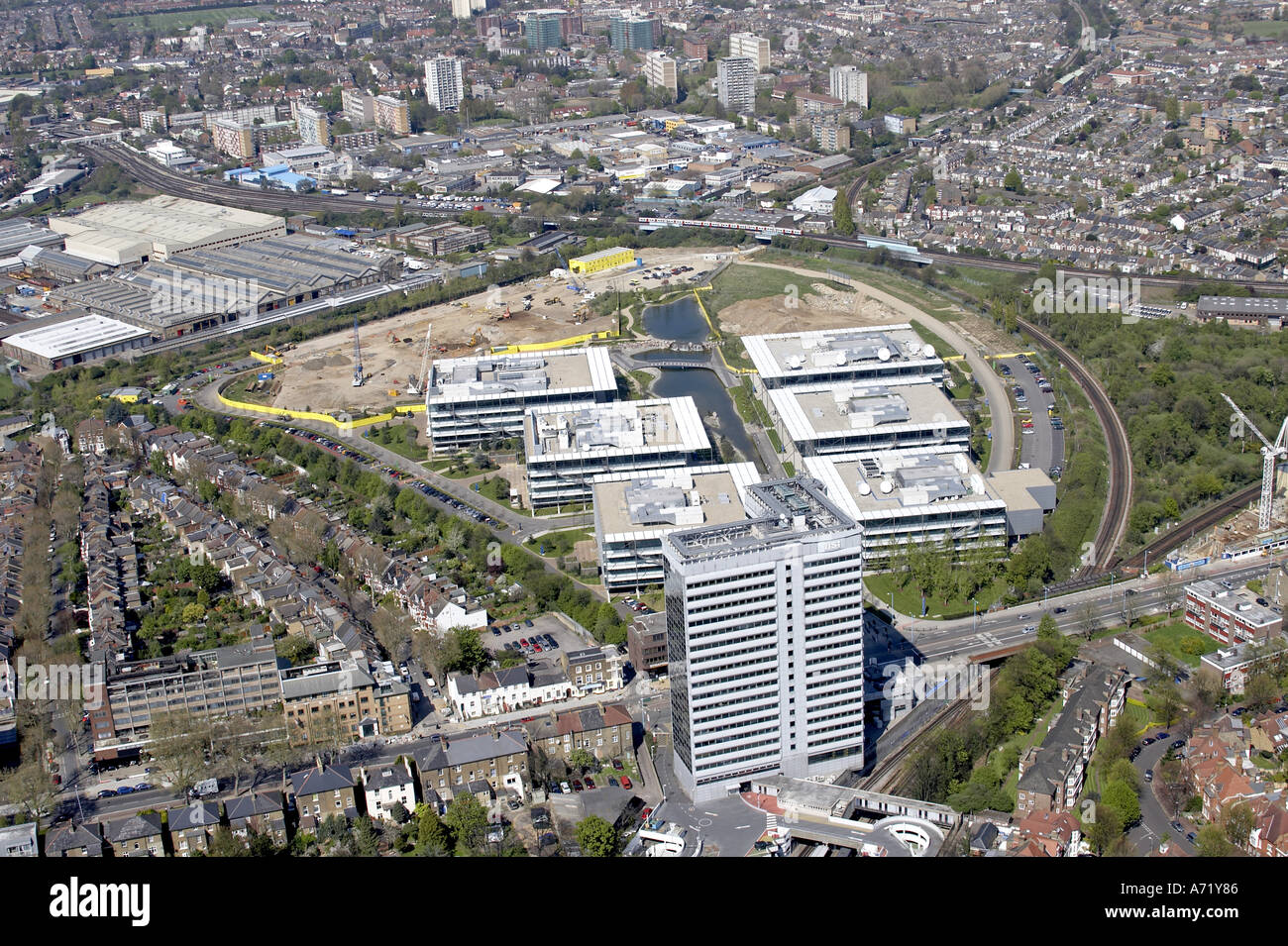Aerial high level oblique view north of Chiswick Park Office ...