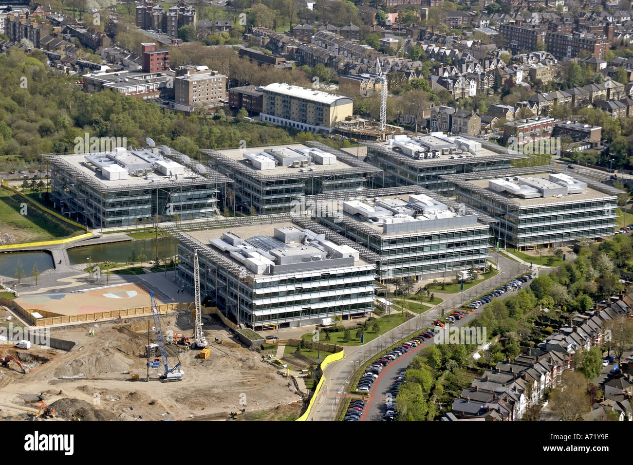 Aerial high level oblique view south east of Chiswick Park Office ...