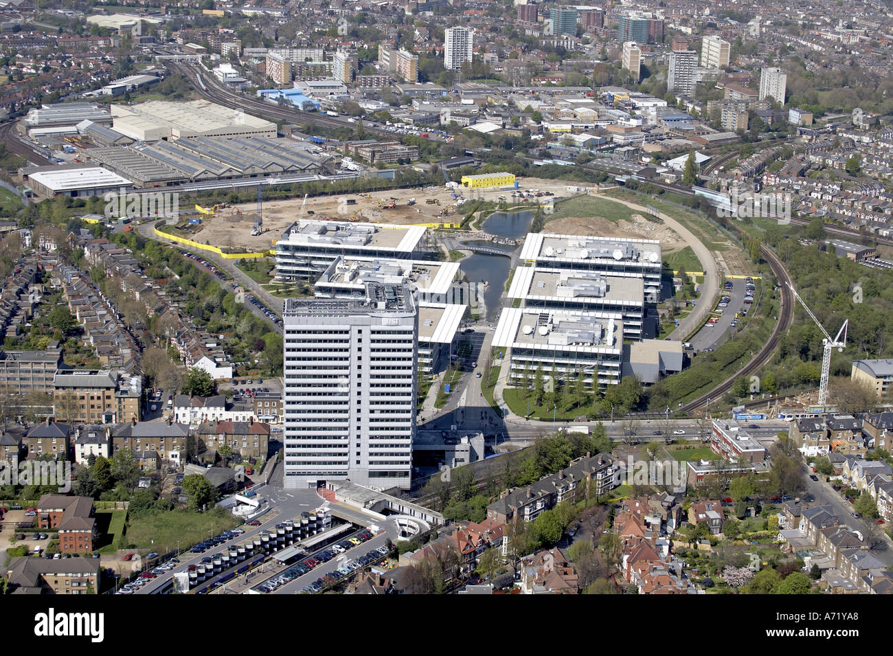 Aerial high level oblique view north of Chiswick Park Office ...