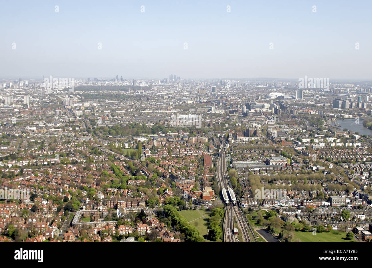 Aerial high level oblique view east of Chiswick Hammersmith and ...