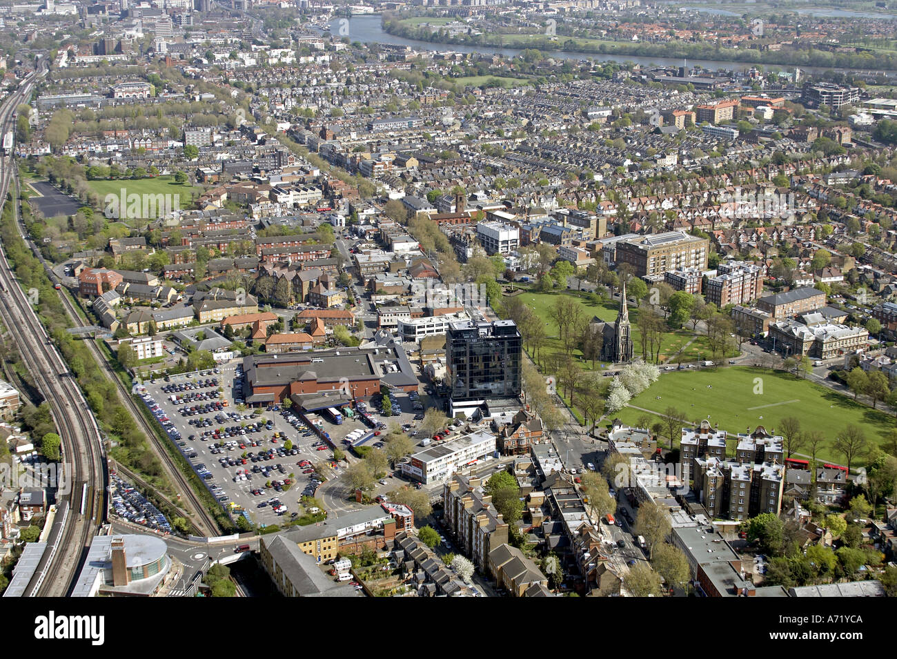 Aerial high level oblique view south east of Turnham Green and Chiswick ...