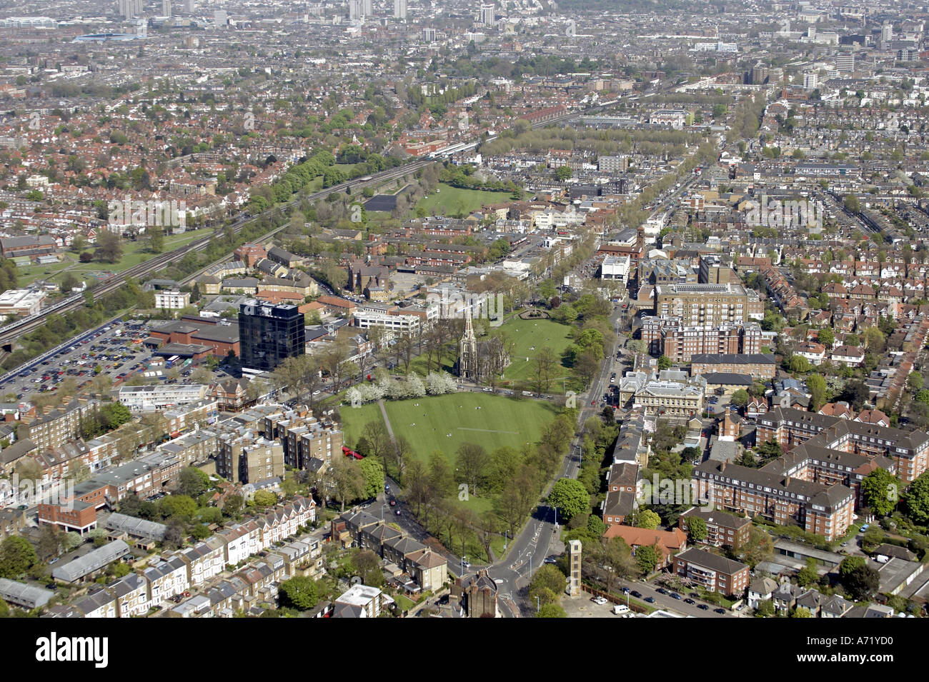 Aerial high level oblique view north east of Turnham Green Chiswick and ...