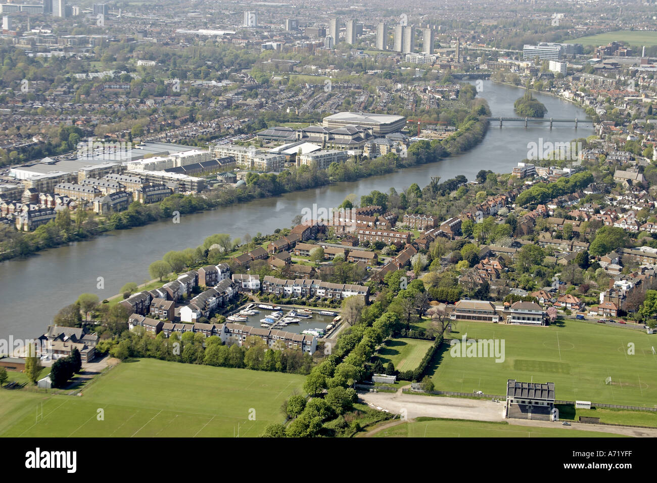 Aerial high level oblique view west of Grove Park Chiswick Quay ...