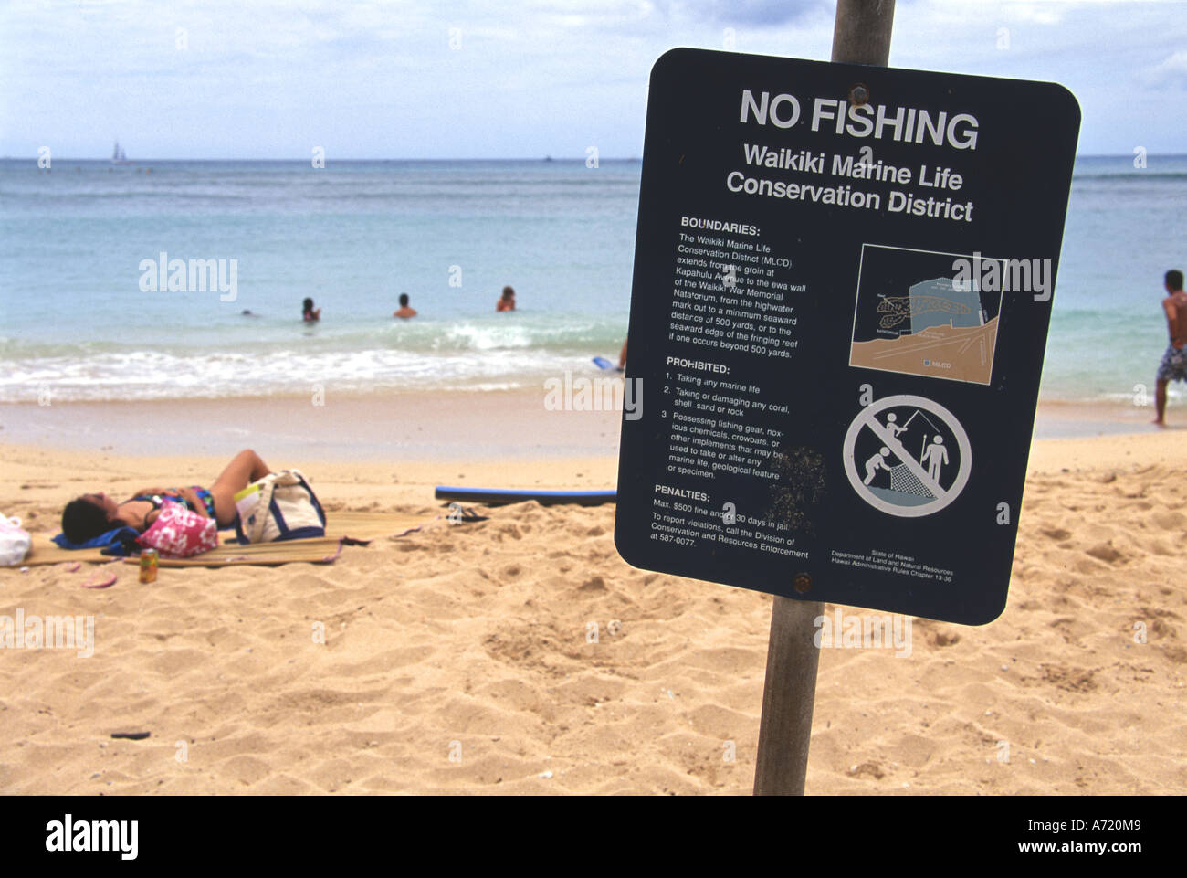 MArine life conservation sign on Waikiki Beach Oahu Hawaii Stock Photo ...