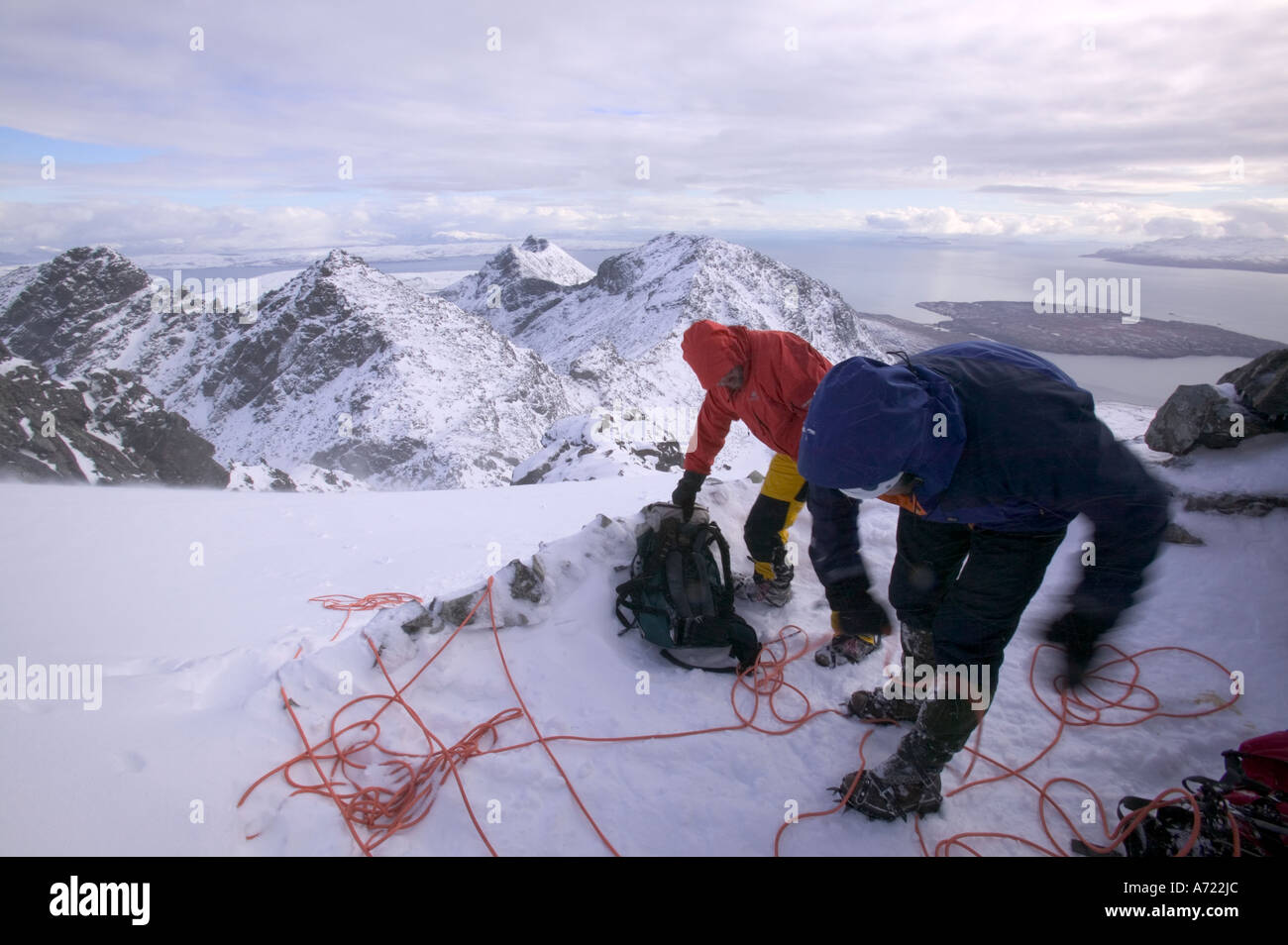 Climbers on the Cuillin Ridge at the top of the Great Stone Shoot ...