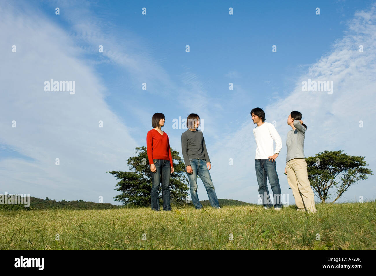 Four young people standing in field Stock Photo - Alamy