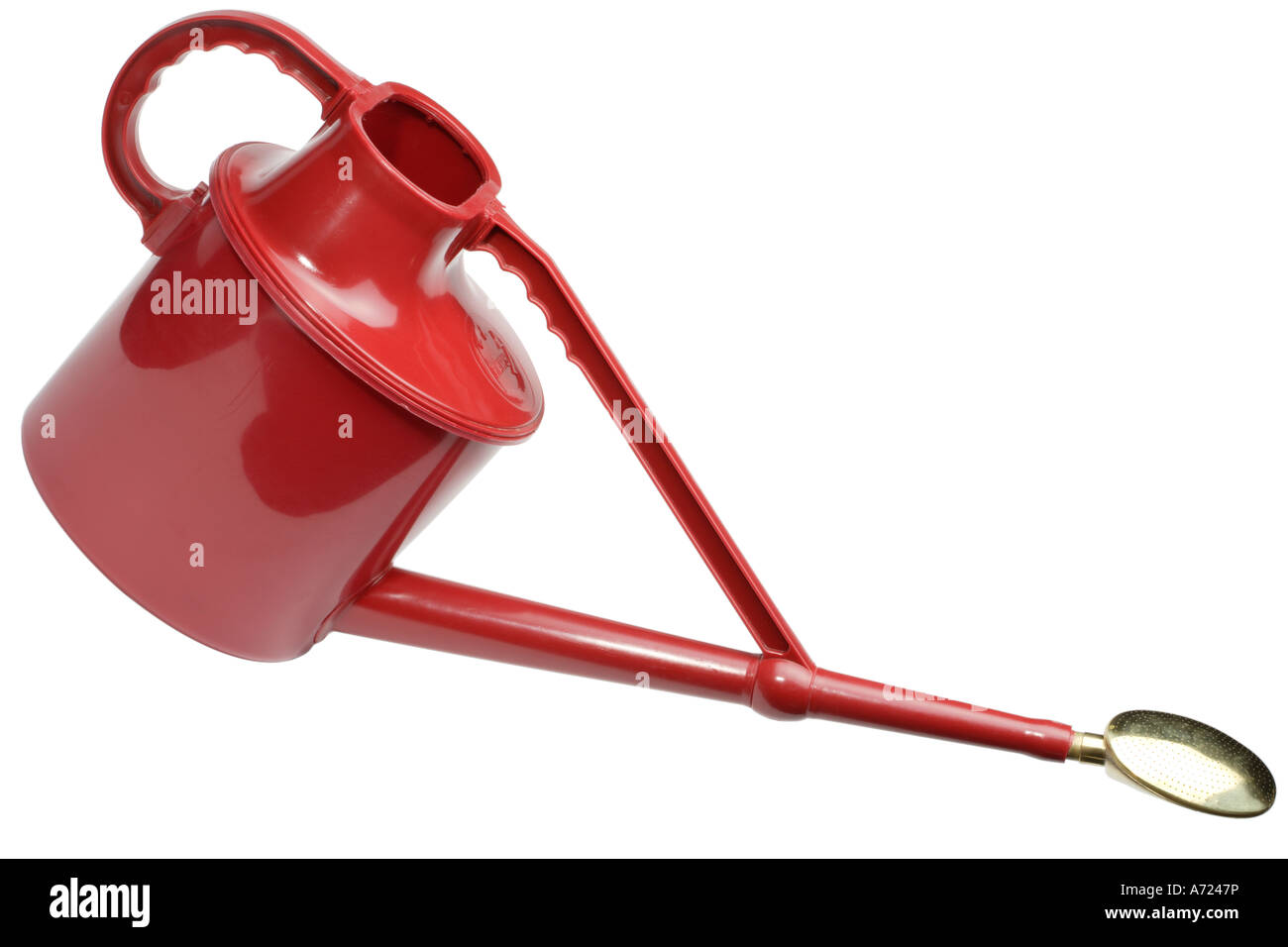 red plastic watering can with spout and rose sprinkler Stock Photo - Alamy