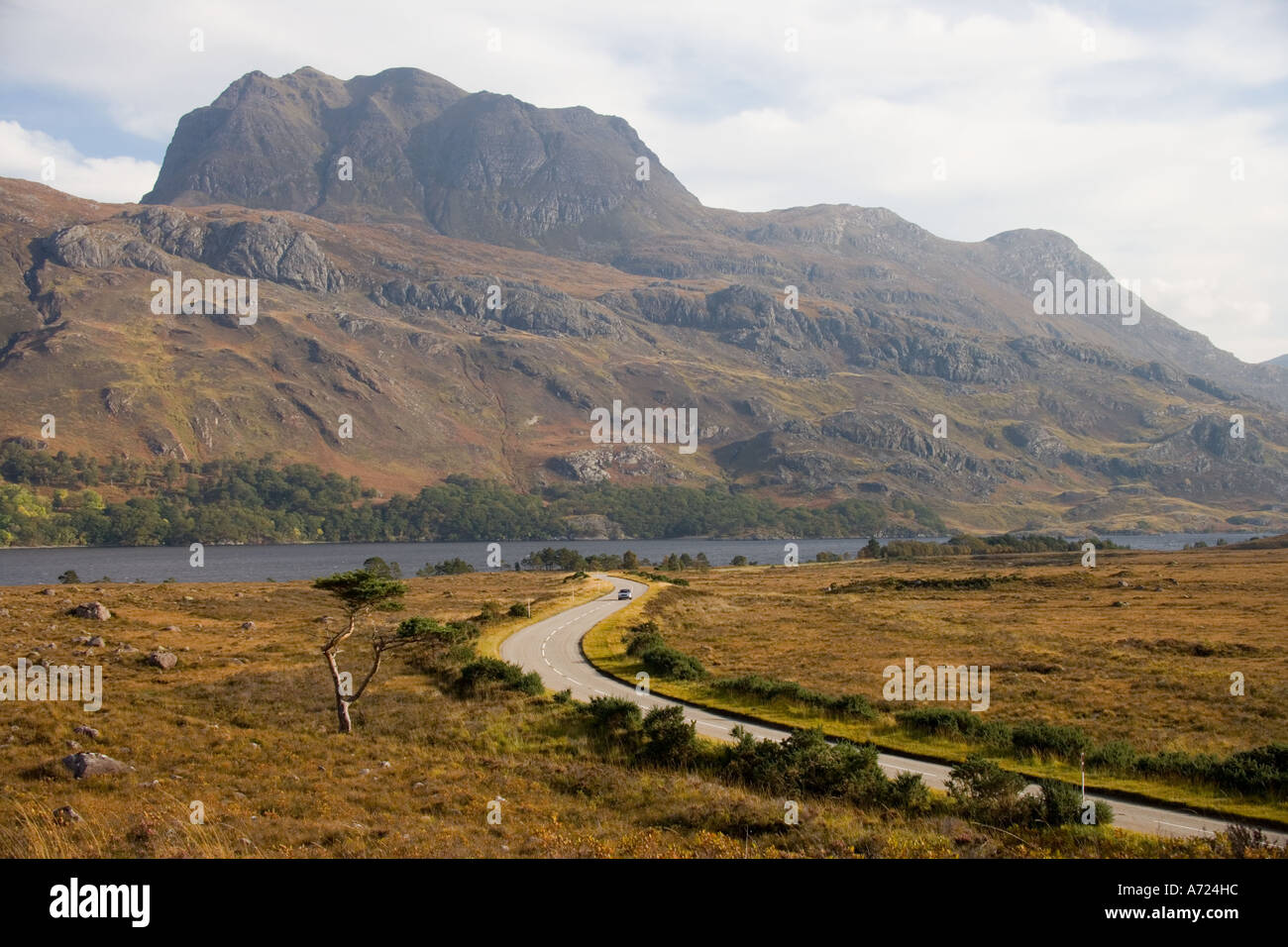 Road with s curve Slioch mountain behind Loch Maree Torridon Wester ...