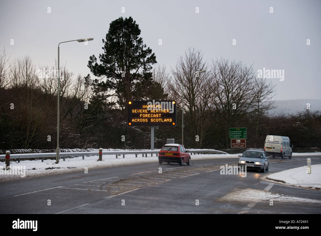 Warning sign of bad weather and snow A82 road Inverness Scotland Stock ...