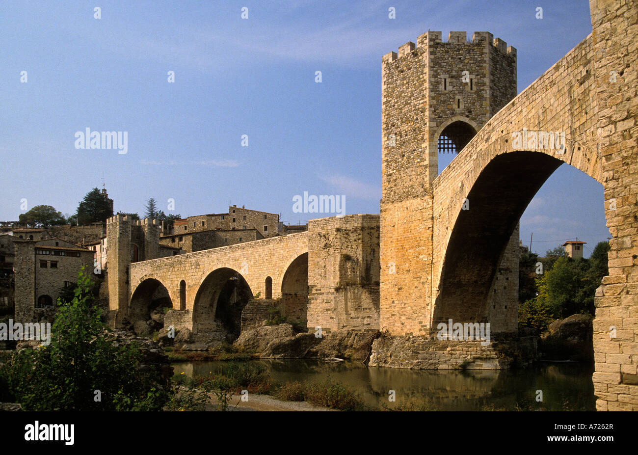 Medieval, fortified bridge at Besalu, Catalonia, Spain Stock Photo - Alamy