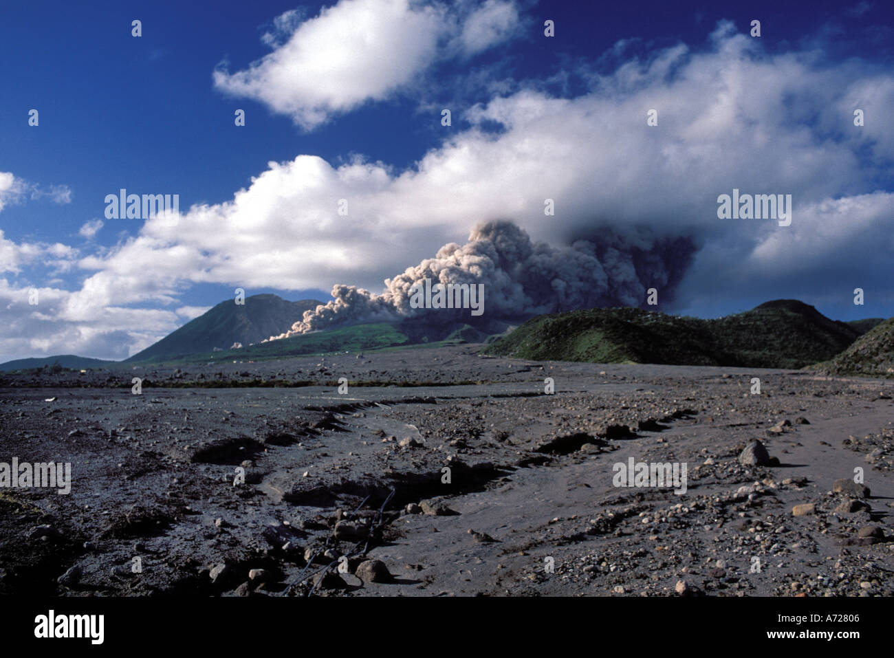 Montserrat, Volcano, Pyroclastic flow and ash cloud above Long Ground ...