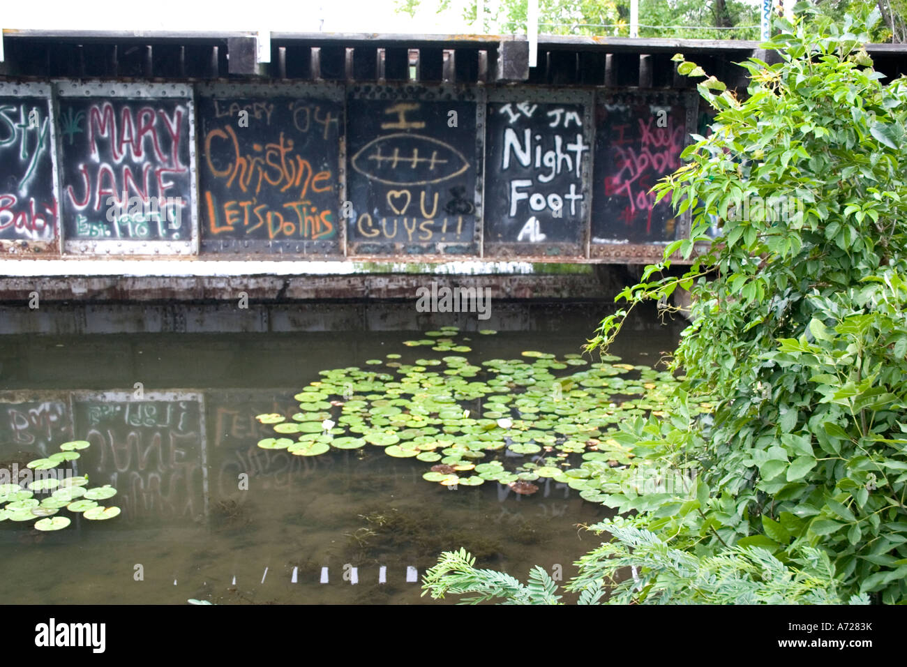 Graffiti on railroad bridge spanning the Ottertail River. Fergus Falls ...