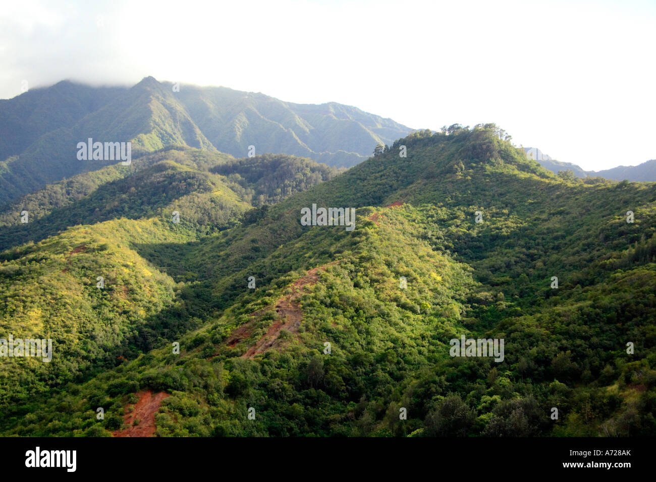 Aerial view of rolling hills and mountains North Shore Oahu Hawaii ...