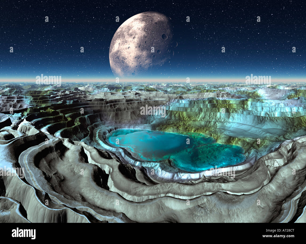 Moon above planet with lake filled crater. Computer generated ...