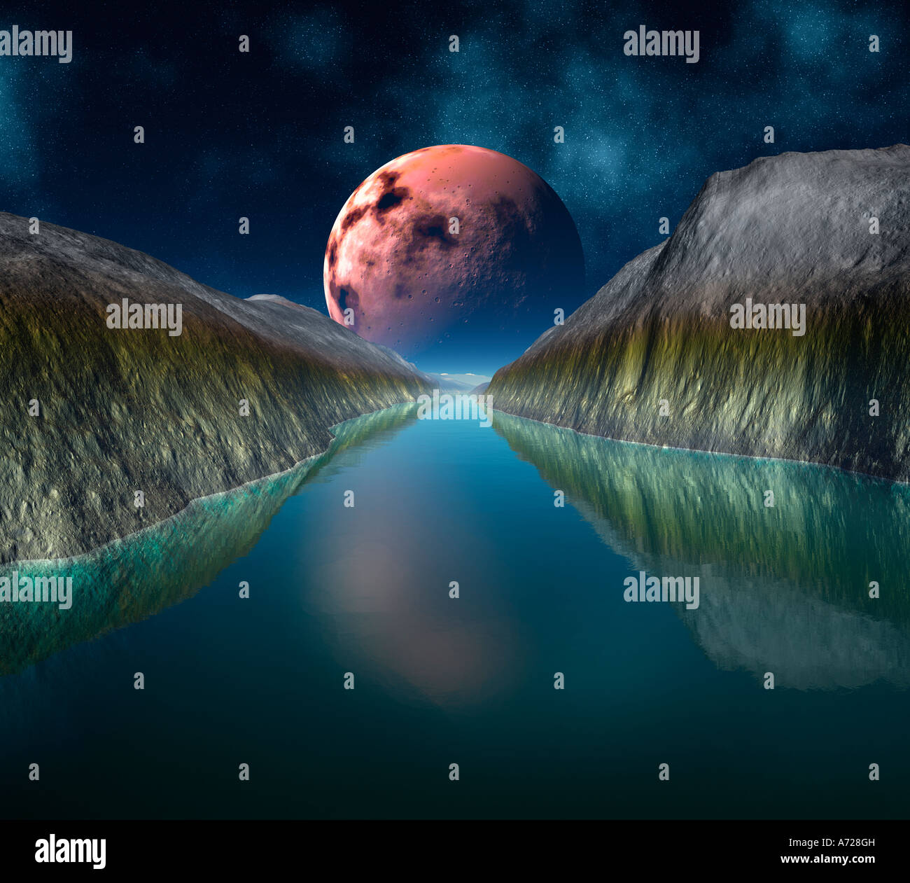 Computer illustration of red moon or planet rising from horizon of ...