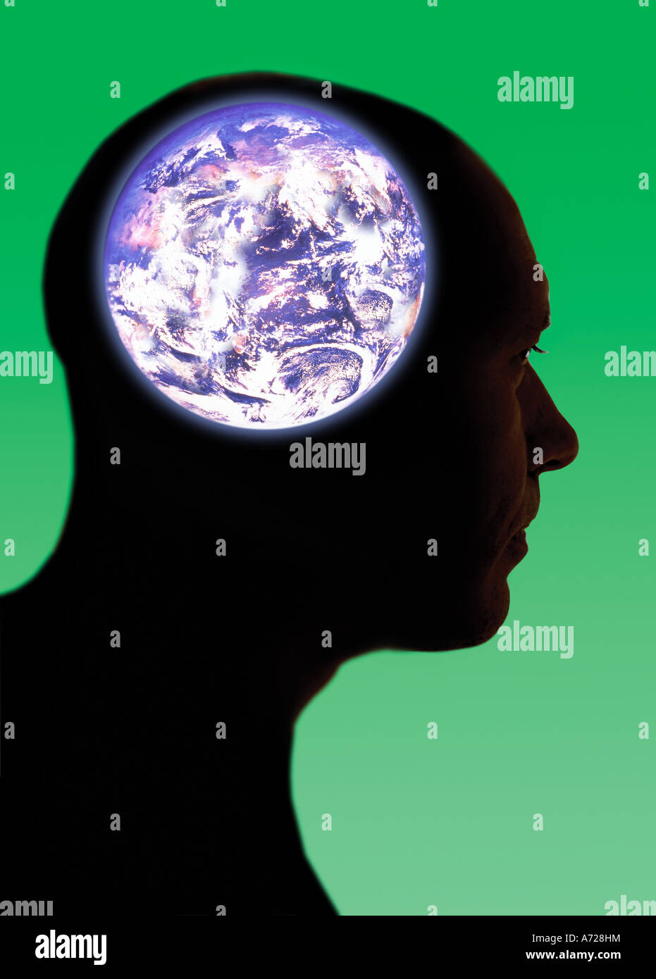 man with Earth globe in head Stock Photo - Alamy