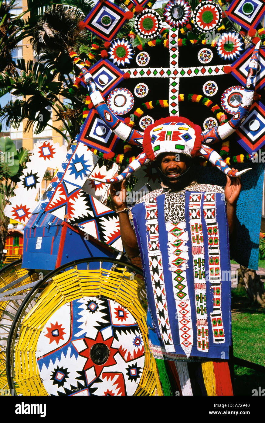 Ornately Decorated Zulu Rickshaw Driver Traditional Costumes at Durban ...