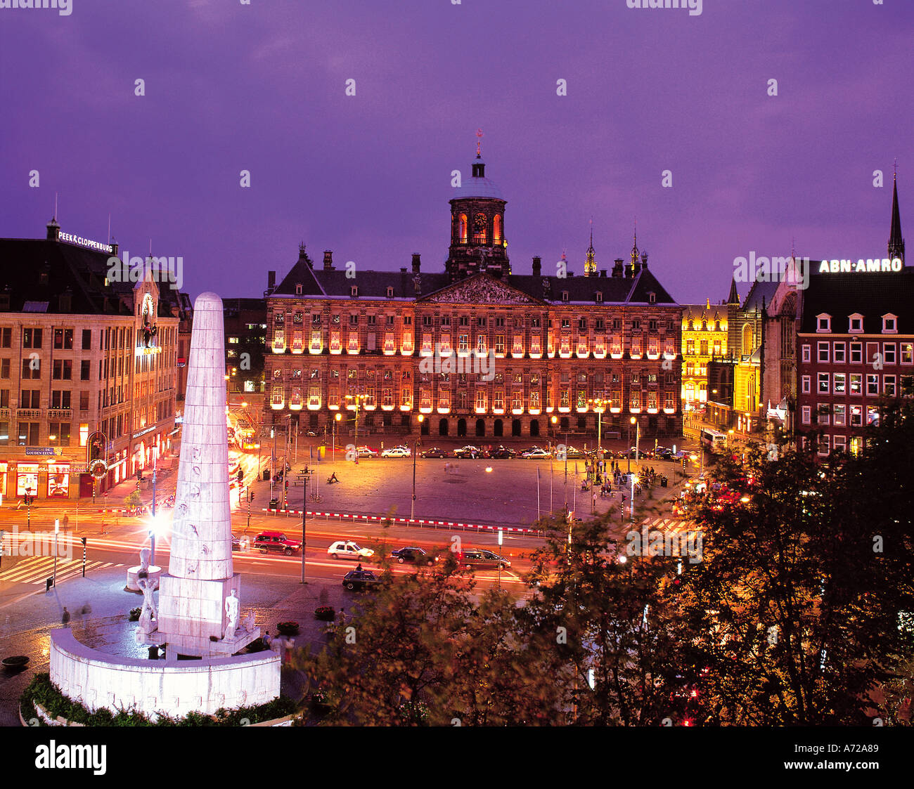 Royal Palace at Dam Square at night Amsterdam Holland Netherlands Stock ...